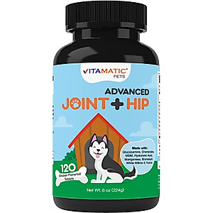 Vitamatic Maximum Strength Joint & Hip Health Supplement for Dogs - 120 Chicken Flavored Tablets - Made with: Glucosamine, Chondroitin, MSM, Hyaluronic Acid, Manganese, Bromelain. White Willow & Yucca