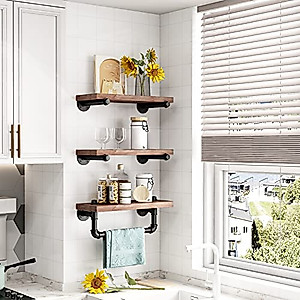 BOSURU Industrial Iron Pipe Shelves Wall Mount Wood Floating Shelf Rustic DIY Storage Shelving with Towel Rack for Bathroom,Living Room,Bedroom(Black,3-Tier)