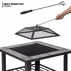 MoNiBloom 30" Square Fire Pit Table Outdoor Metal Protable Firepit with Charcoal Rack Mesh Cover Wood Burning Fireplace for Patio Backyard Picnic Garden, Black