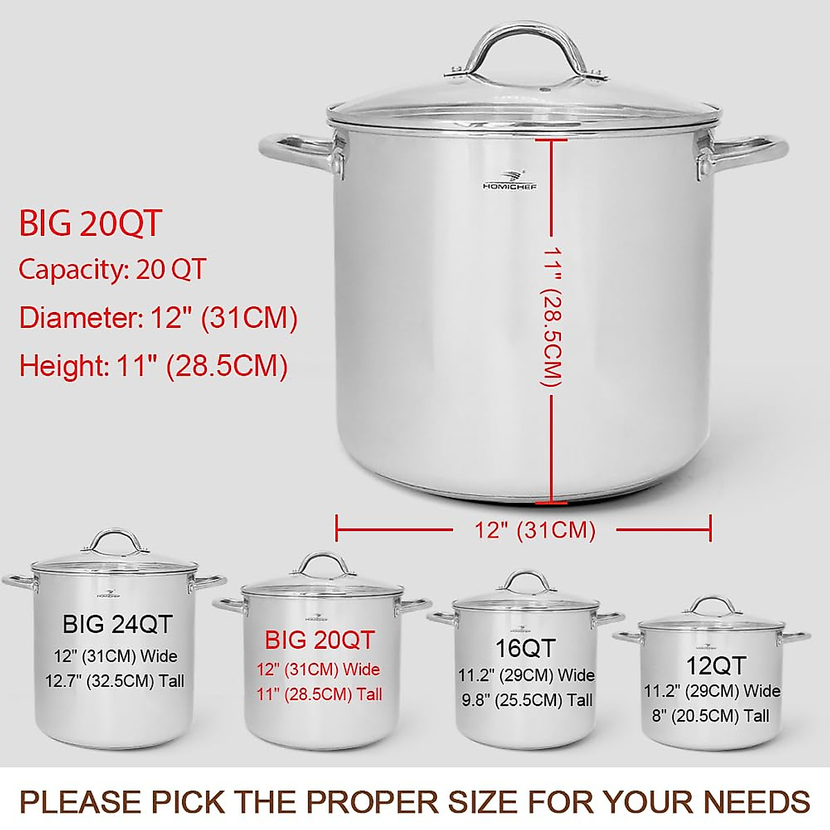 HOMICHEF Commercial Grade LARGE STOCK POT 20 Quart With Lid - Nickel Free Stainless Steel Cookware - Healthy Polished Stockpots - Heavy Duty Induction Soup Pot