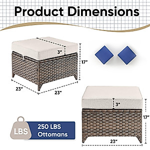 Outdoor Patio Ottoman Set of 2-Rattan Wicker Ottoman Foot Rest with Removable Cushions Cover Outdoor Footstool for Deck Balcony Poolside Backyard-Brown/Beige