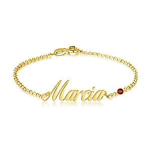 Personalized Name Bracelet or Anklet Bracelet with CZ birthstone 925 Sterling Silver /14K Custom Names Tiny Bar Bracelet Dainty Jewelry Birthday Gifts for Women， 7"+1.5"