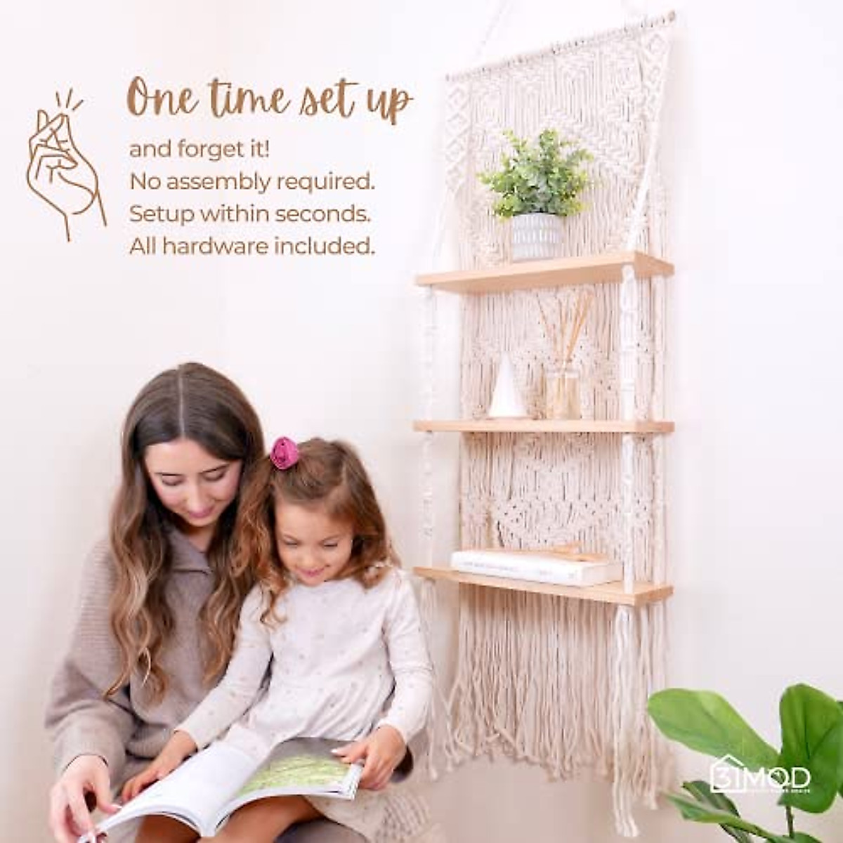 31Mod Macrame Wall Hanging Shelf with Enhanced Solid Wood Shelves and Handmade Macrame to Organize Plants and Decor — 3 Tier Macrame Shelf Wall Hanging for Kitchen, Bathroom, Home Storage, Plants