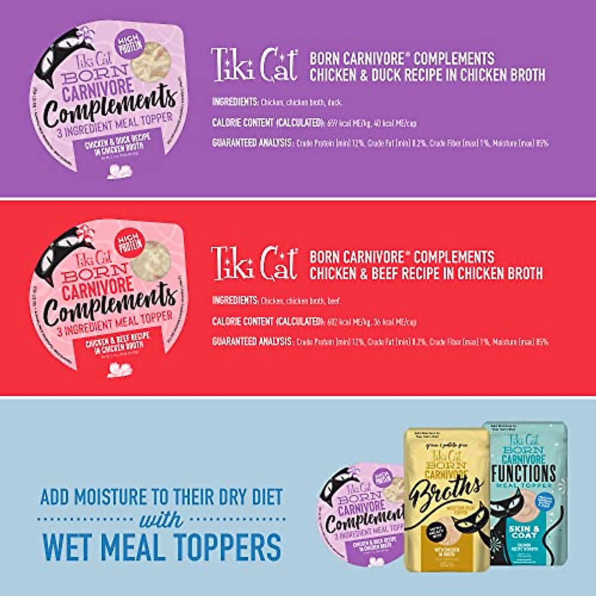 Tiki Cat Wet Food Complements - Hydrating Grain Free Meal Toppers - Variety Pack Recipes 2.1 oz. Servings 10 Pack