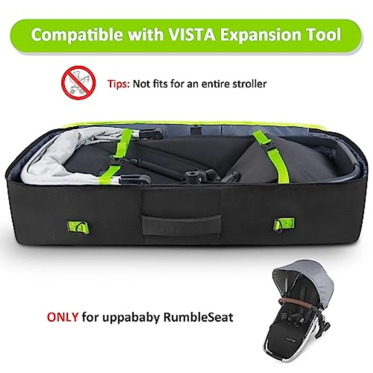 YOREPEK Padded Travel Bag Compatible with UPPAbaby RumbleSeat, Stroller Second Seat Bag for Airplane with 2 Inner Pockets, Large Storage Bag Organizer for Baby Travel Essentials, Black/Green