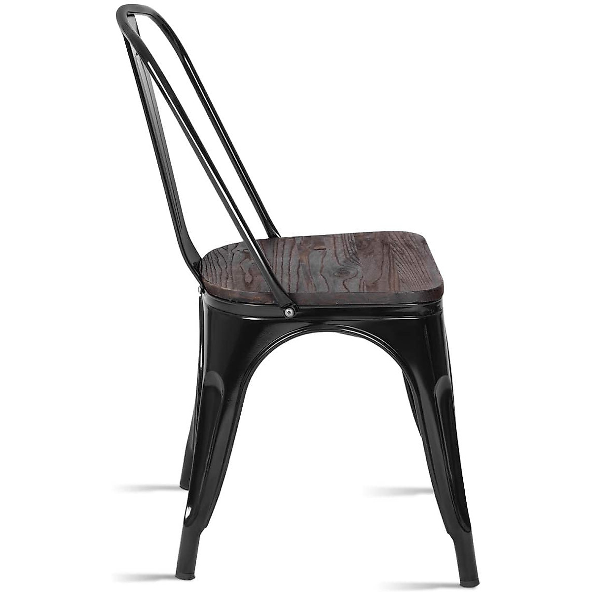 S AFSTAR 18 Inch Dining Chair Set of 4, Stackable Metal Chairs w/Wood Top Seat, Bistro Cafe Side Chair w/High Backrest for Kitchen Patio Restaurant Indoor (Black)