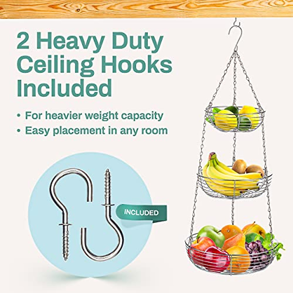 Heavy Duty 3-Tier Hanging Fruit and Vegetable Basket with 2 Metal Ceiling Hooks, Chrome