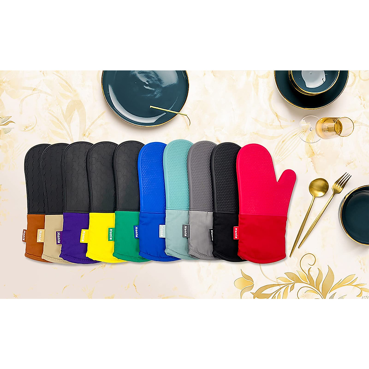 Honla Silicone Oven Mitts,Heat Resistant to 500 F,1 Pair of Non Slip Kitchen Oven Gloves for Cooking,Baking,Grilling,Barbecue Potholders,Black