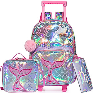 Rolling Backpack for Gilrs School Wheels Backpacks with Lunch Box for Elementary Student Teen Girls Trip Luggage