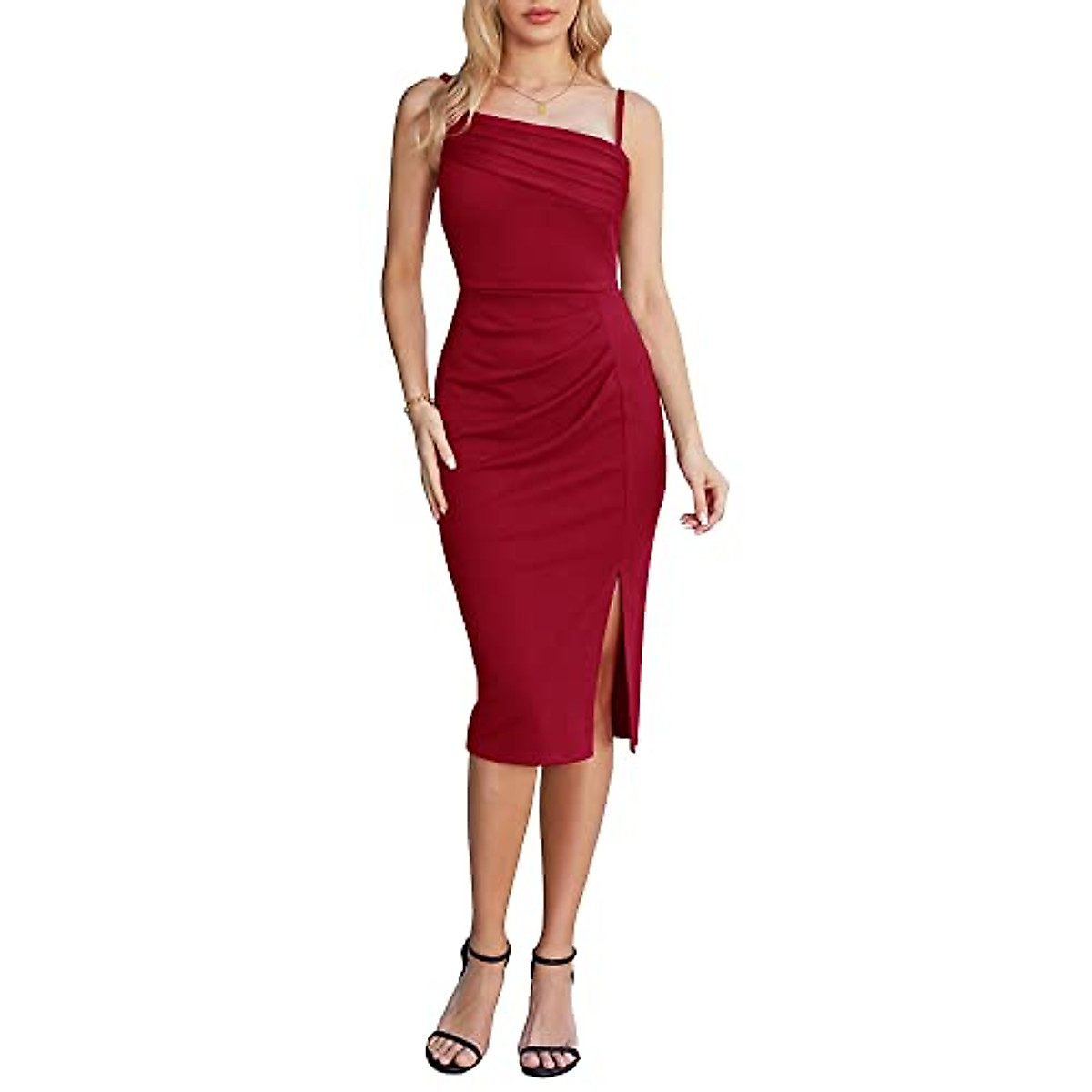 Wine Red Cocktail Dress for Women Spaghetti Straps Split Wedding Guest Dresses M