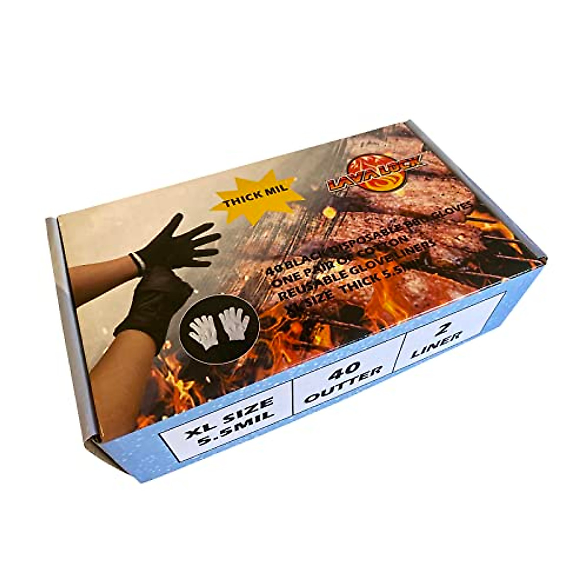 LavaLock Heavy Duty Thick 5.5 Mil Black Disposable Nitrile BBQ Gloves with 2 cotton liners for outdoor cooking grilling smokers and barbecue competition, chef or kitchen use (40, Extra-Large)