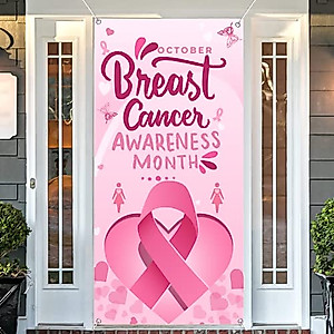 tineit Breast Cancer Awareness Decorations Door Banner, Large Fabric 6x2.9ft Breast Cancer Door Cover, Breast Cancer Decorations for Party, Breast Cancer Door Decorations for Office