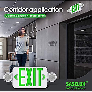 SASELUX Green Led Exit Sign Emergency Light Combo Adjustable Two Head, Double Sided and Battery Backup Exit Light, Contractor Select, AC 120/277V (4 Pack)
