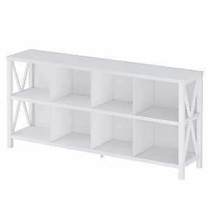 FATORRI 8 Cube Storage Organizer Bookshelf, Rustic Wood Cubby Bookcase, Industrial Horizontal Long Shelf for Living Room (White Oak, 62 Inch)