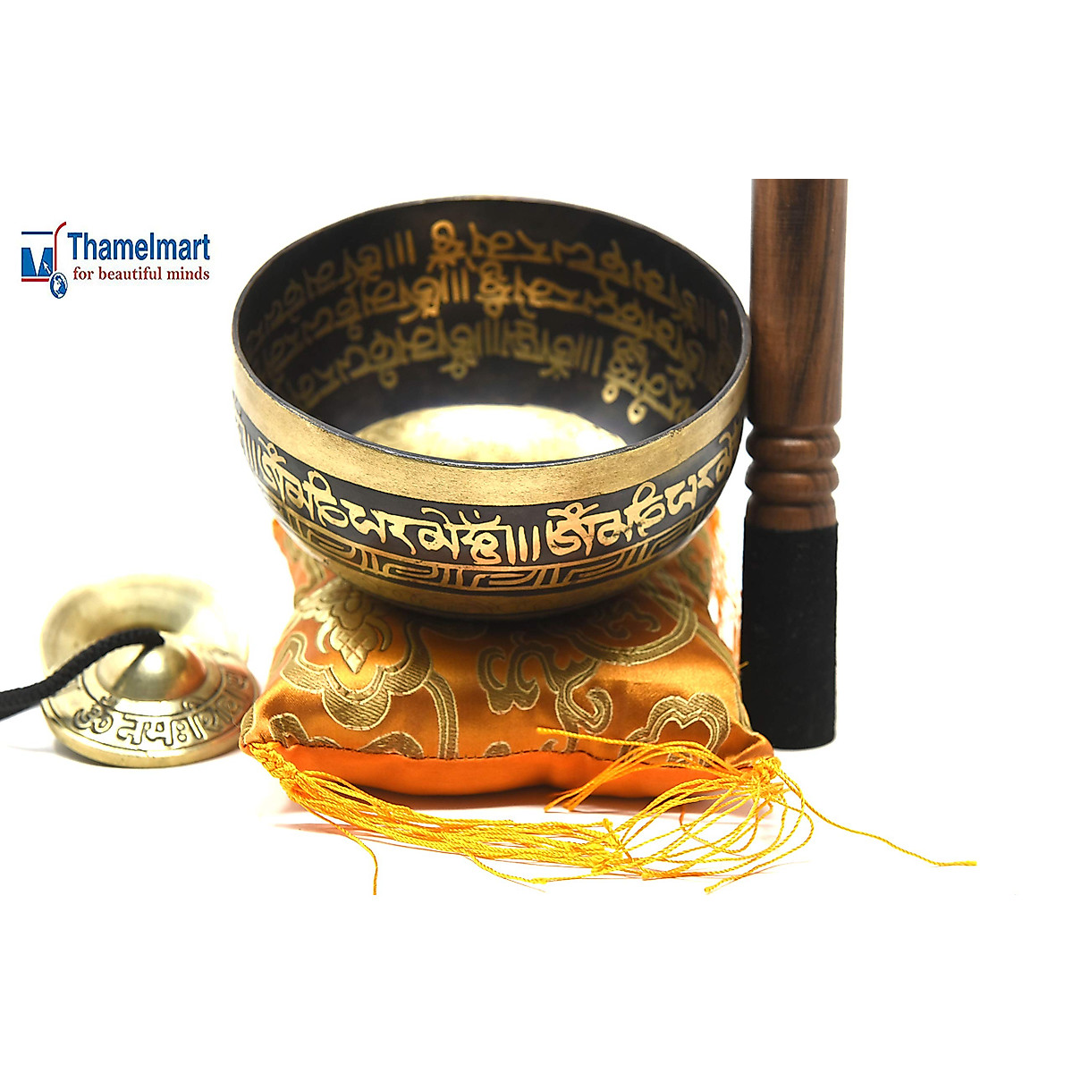 8" Healing Meditation Mantra Carved Singing Bowl, Etching Tibetan Art, Hand Hammered Singing Bowls with Silk Cushion, Gong & Mallet Striker