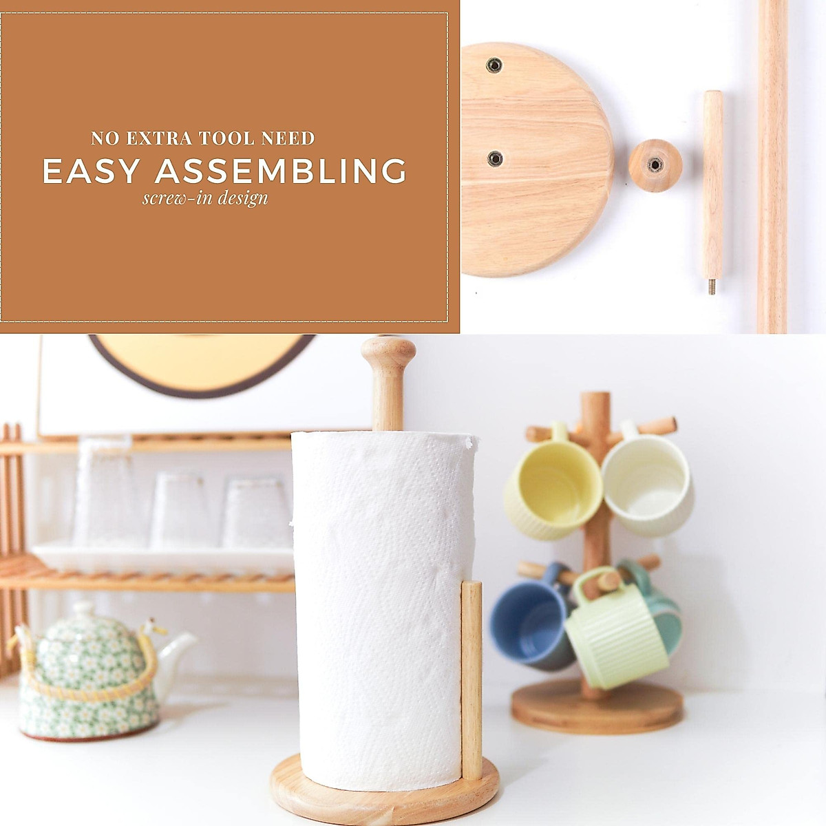 E-ROOM TREND Paper Towel Holder Large Base Dia 7" Wooden Natural Color Countertop with Rubber Wood Round Base Kitchen Bathroom Roll Organizer Wooden Paper Holder Stand for Dining Table Home (ZJ281Y)