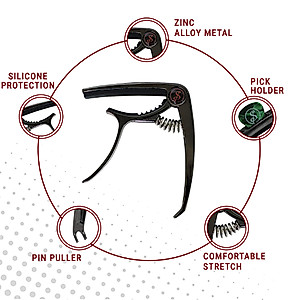 Speedee Music Capo Bundle Gift Pack - 4 Assorted Guitar Picks, Guitar Tuner, 3-1 Capo with Built-in Pick Stand and Pin Puller, Storage Bag for Guitar Accessories