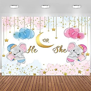 Yongfoto 6x4ft Elephant Gender Reveal Baby Shower Party Backdrop He or She What Will Baby Be Blue and Pink Balloons Gold Confetti Photography Backdrop Newborn Party Decorations Banner Studio Props