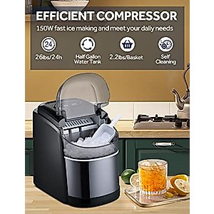 Ice Maker Countertop Machine with Self-Cleaning Function，26LBS in 24 Hours, 9 Bullet Cubes Ready in 6 Mins, Compact Ice Cube Maker with Ice Scoop & Basket for Home Kitchen Office Bar (Black)
