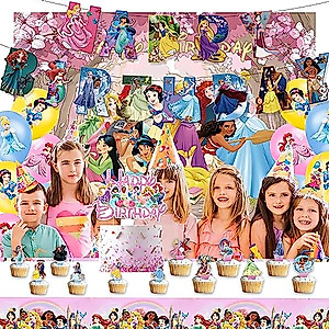 Princess Birthday Party Decorations,Include Banner,Backdrop, Latex Balloons, Cupcake, Cake Topper, Tablecloth for Princess Themed Birthday Party Supplies.
