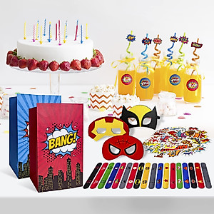 113PCS Superhero Party Favor Supplies -Reusable Drinking straws Masks&Slap Bracelets Candy Bags&Superhero Stickers Gifts for Kids Birthday Superhero Themed Party Favors Birthday Decorations