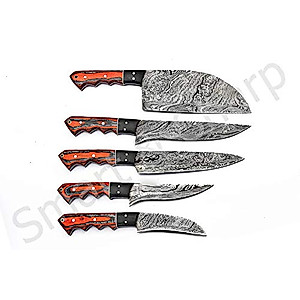 Custom Handmade Damascus Chef Knives Set/Kitchen Knives 5 Pieces Set SS-17211 (Orange and Black Color Wood)