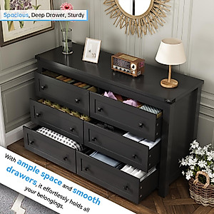 HUANLEGO Black Dresser for Bedroom with 6 Drawers, Modern Chest of Drawers, Wood Dressers Bedroom Furniture Wide Storage Drawers Dressers Organizer for Closet, Living Room, Hallway