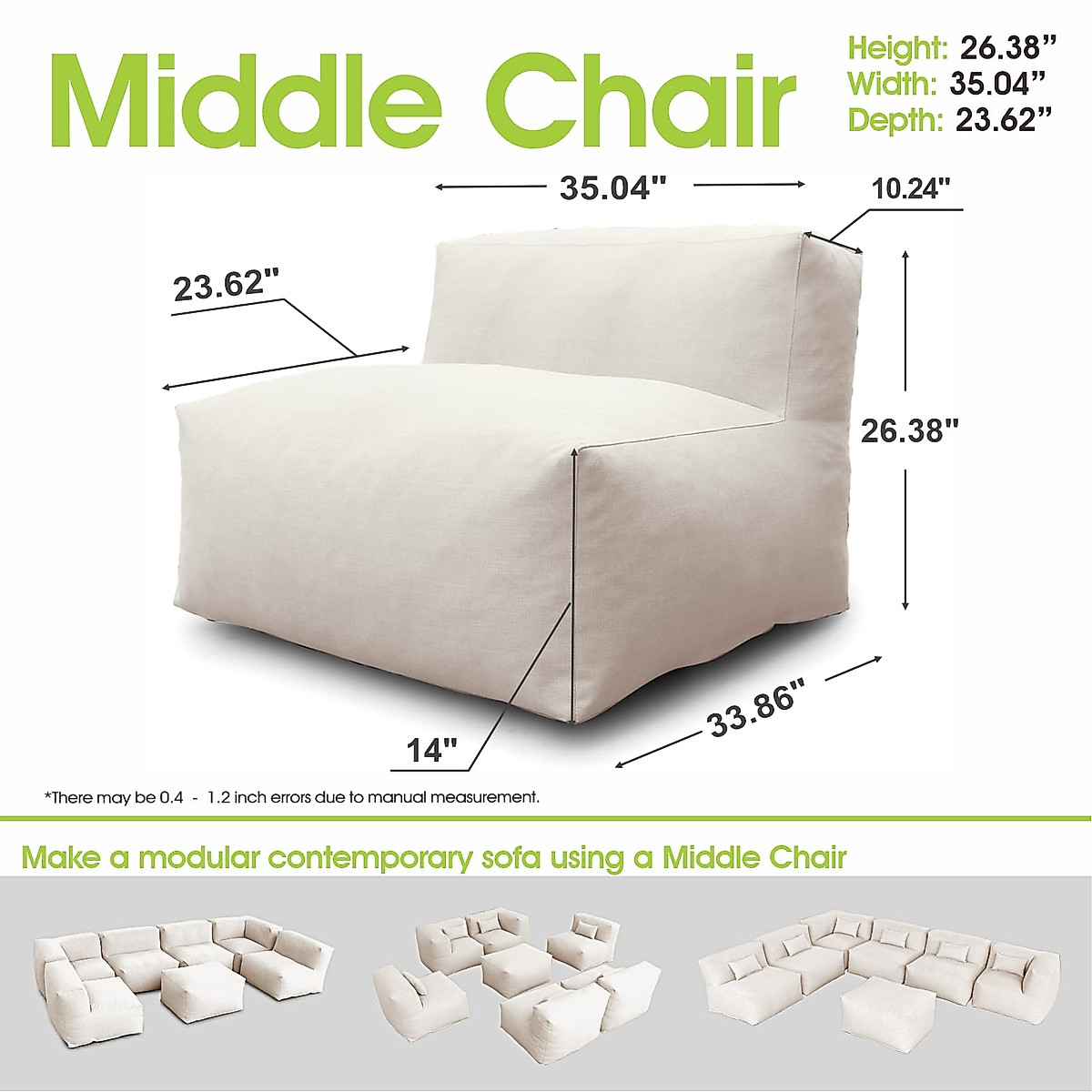 Modern ANNY-H Middle Chair OUTDOOR Furniture Patio Couch CREATING a UNIQUE Patio Garden Modular Contemporary Sofa (light beige)