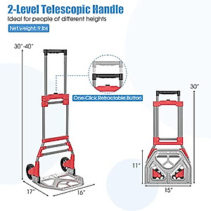 Goplus Folding Hand Truck, Lightweight Dolly Cart with Bungee Cord, Telescoping Handle, 2 Wheels, Portable Hand Cart for Office Home, Foldable Hand Truck Dolly
