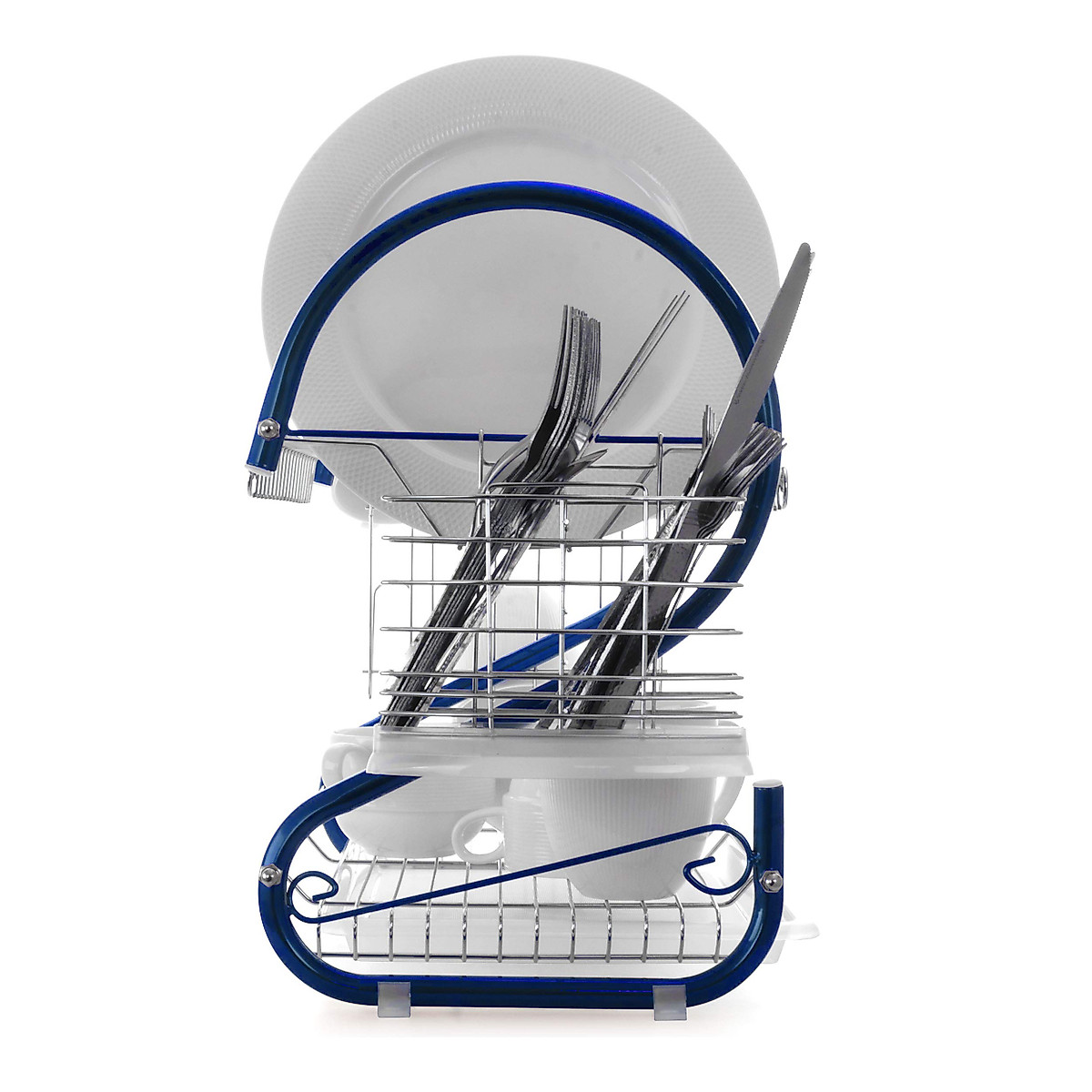 Megachef Iron Wire Contemporary Dish Drying Rack with Included Hangers, Utensil Compartment, and Drip Tray, 16 Inch, Blue and Silver Chrome