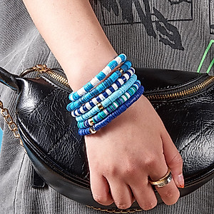 Ornaland 6PCS Heishi Surfer Bracelets Set 6mm Polymer Clay Heishi Beads Stretch Bracelets Bohemia Summer Beach Jewelry for Women (Blue)