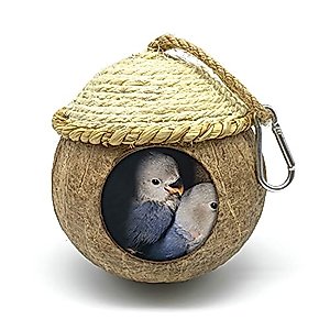 Bird House with Coconut Woven Straw, Natural Coconut Bird Cage with Woven Cover，Bird Nest for Parrot, Hamster, Squirrel, Rat, Lovebird, Finches