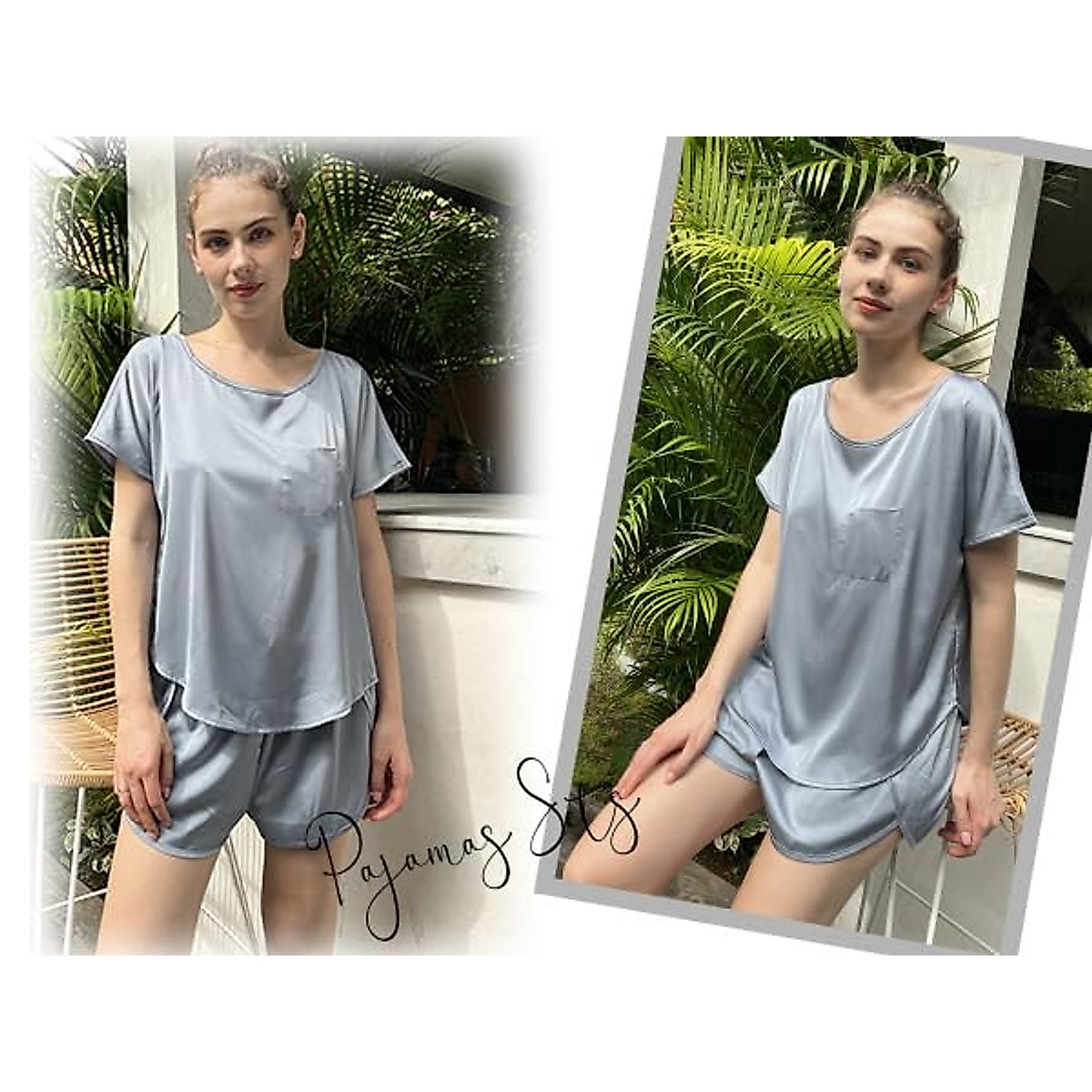 Ekouaer Womens Satin Pajamas Shorts Set Silky Short Sleeve Sleepwear Nightwear Pj Set Grey M