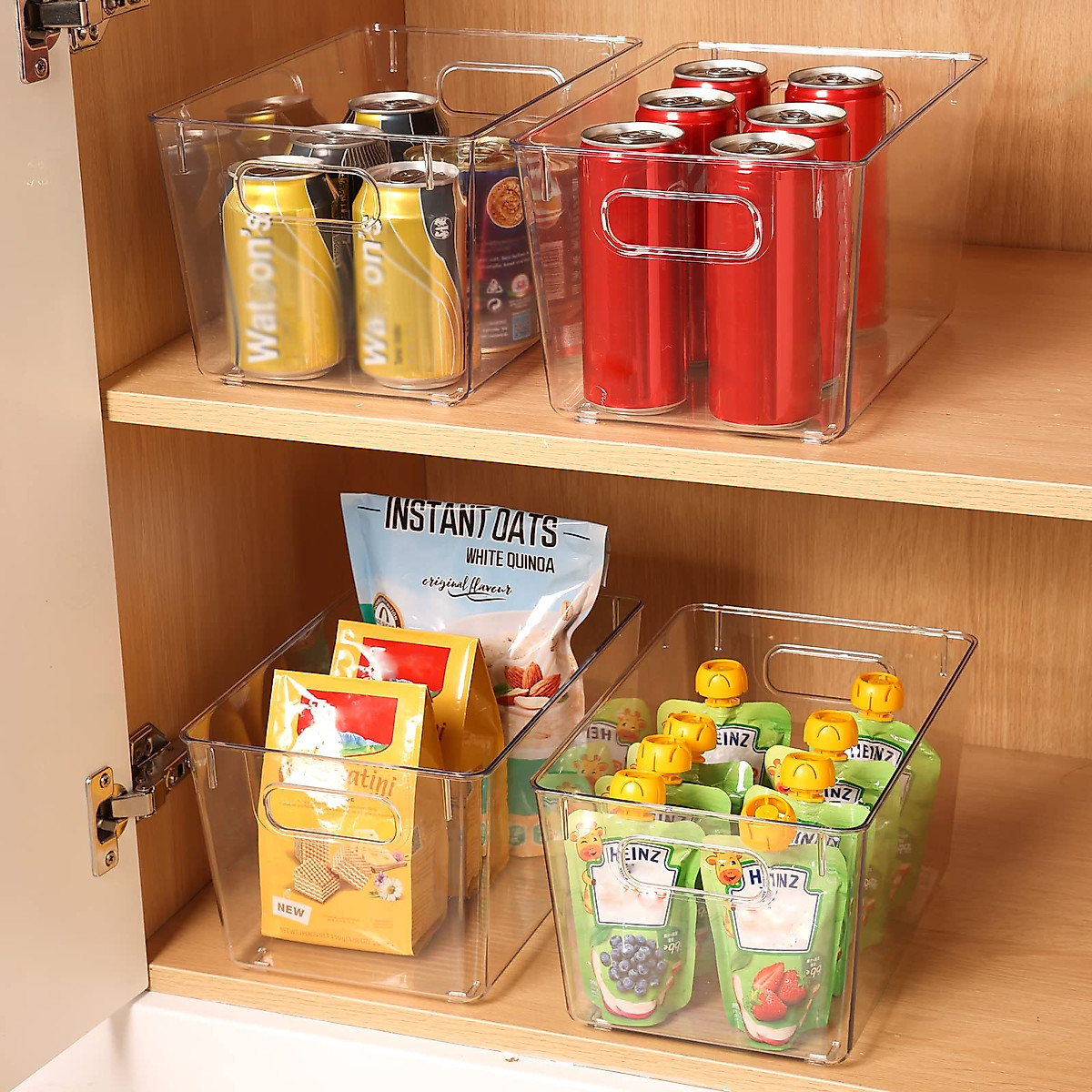 Moretoes 4 Pack Clear Plastic Storage Bins, Kitchen Organization Cabinet Fridge Organizer, Pantry Organization and Storage Bins