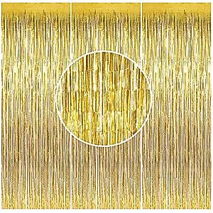 3Pcs Gold Metallic Tinsel Foil Fringe Curtains, Gold Foil Fringe Curtain Backdrop Metallic Tinsel Streamers Backdrop for Birthday Baby Shower Party Photo Booth Props Decoration