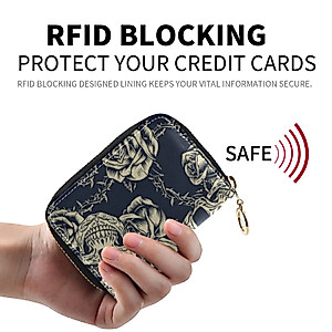 Seamless Vintage Sugar Skulls with Roses Flowers on DarkGrey Credit Card Coin wallet, RFID Blocking Compact Women Leather Card Holder, Key Change Organizer, Zipper Purse Clutch Pouch