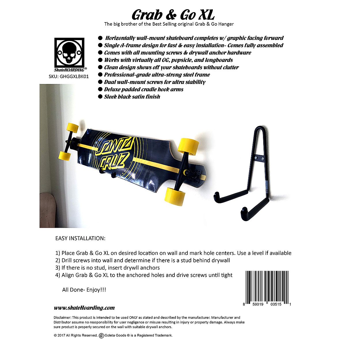 Grab & Go XL Horizontal Longboard Skateboard Wall Hanger Mount Rack