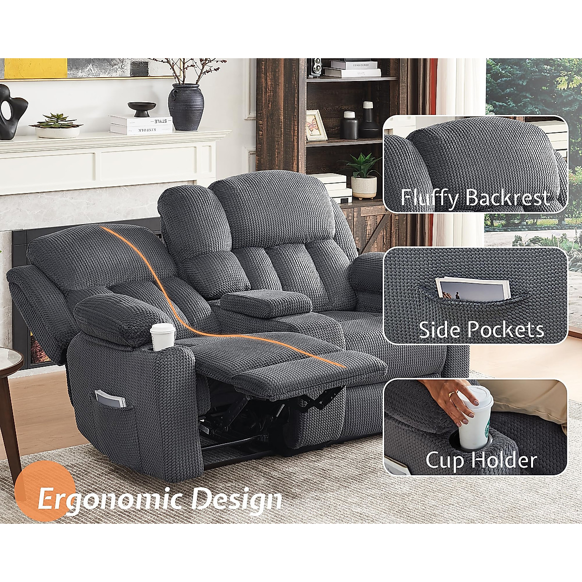 Jocisland Recliner Couch, Recliner Loveseat with Cup Holders, Console with Charging Socket, Comfy Reclining with Dual Wingback for Living Room(Grey)