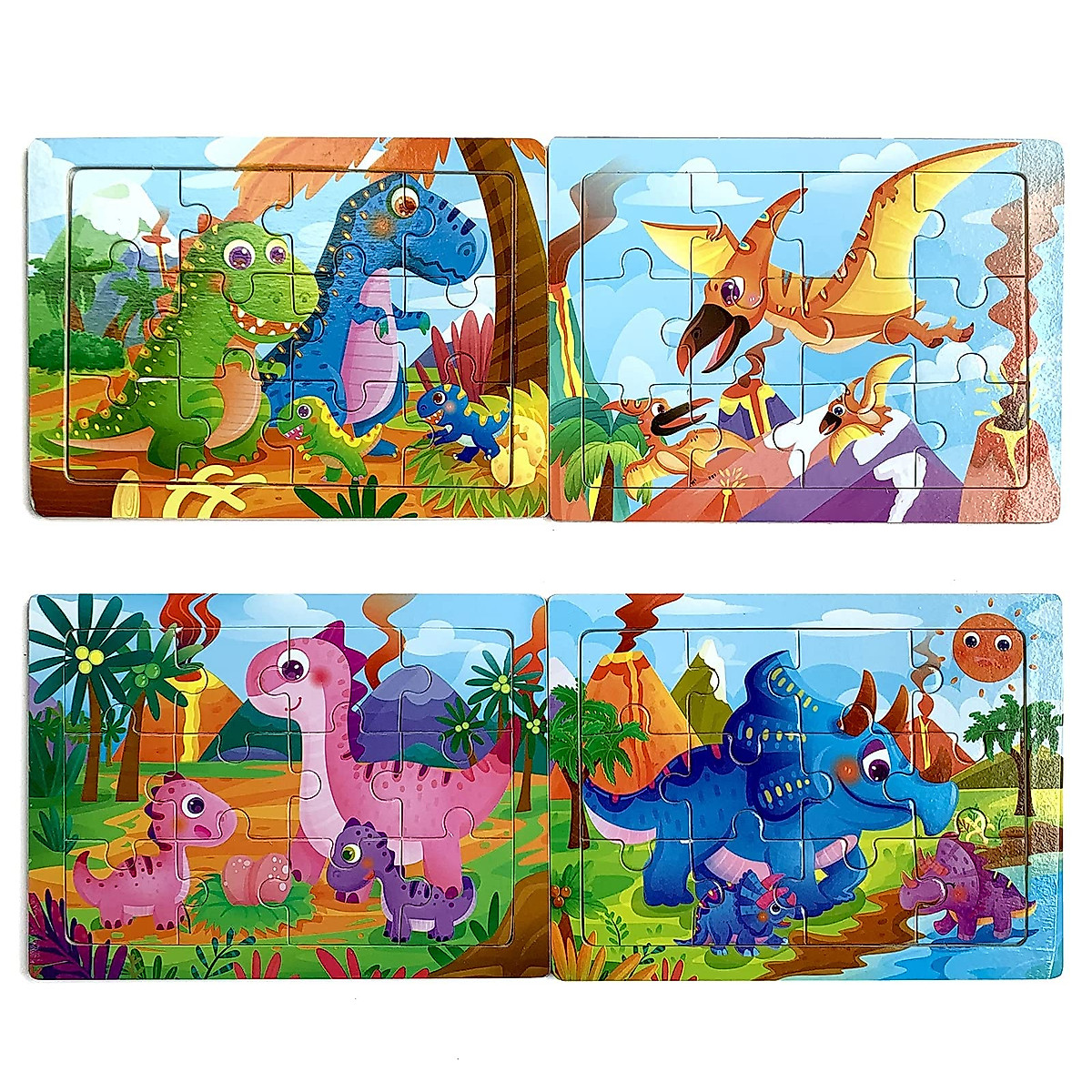 IHOMEINF Toddler Wooden Puzzles for Kids Ages 3-8, Montessori Toys for 3 4 5 6 7 8 Year Old, 4 Pack Dinosaur Jigsaw Puzzles Set Preschool Learning Toys Boys Girls Gifts (Dinosaur Puzzles 12 Pcs)