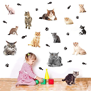 WOYINIS 3D Lovely Kitty Wall Decals Kitten Stickers DIY Removable Fish Cat Paws Wall Stickers Peel and Stick Kitten Wall Decals for Girls Bedroom Playroom Nursery Wall Decor
