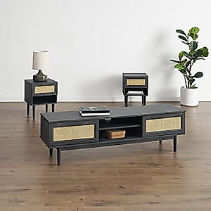 mopio Haylee Farmhouse Rattan 59" TV Stand, 100% Natural for 55/60 inch TV, Modern Farmhouse Boho with Rattan Sliding Doors, Adjustable Shelves, Includes Leveler (Charcoal)