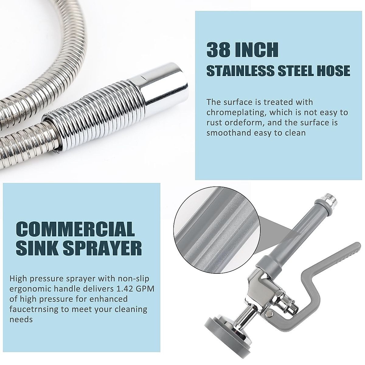 Commercial Sink Sprayer with Flexible Hose & Pre-Rinse Overhead Spring, High-Pressure Dish Spray Valve 38inch Stainless Steel Hose Easy Installation for Home Commercial Restaurant Industrial (Gray)