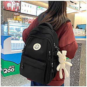 Preppy Backpack Smiling Face with Bunny Plush Cute Aesthetic Backpack Preppy Stuff Kawaii Accessories Korean College Style (Black,One Size)