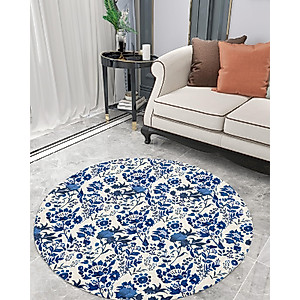 Floral Leaves Fluffy Round Area Rug Carpets 4ft, Plush Shaggy Carpet Soft Circular Rugs, Non-Slip Fuzzy Accent Floor Mat for Living Room Bedroom Nursery Home Decor Vintage Blue Botanical Plant Flower