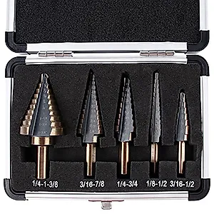 Zhushan 5pcs Step Drill Bit Set,High Speed Step Drill Bit, HSS Cobalt Multiple Hole 50 Sizes Titanium Step Drill Bit with Aluminum Case