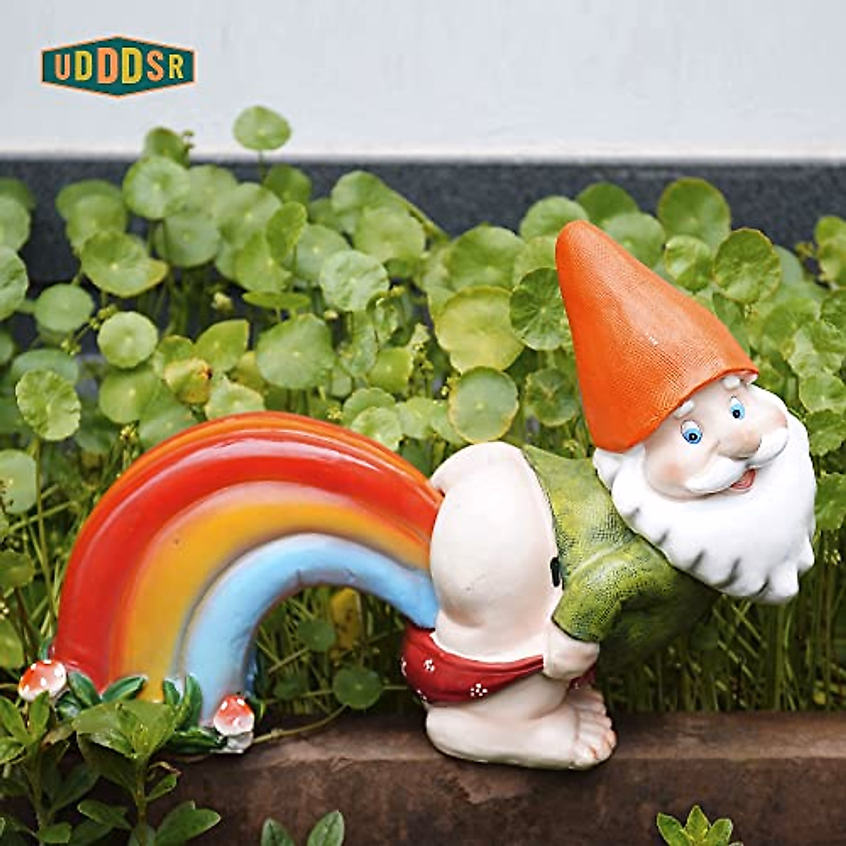 UDDDSR Garden Gnome Statue, Funny Gnome Figurine with Rainbow Solar LED Lights for Garden Patio Yard Art Decoration, Outdoor Lawn Ornaments, Housewarming Funny Garden Gifts - 14"