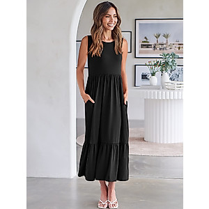 ANRABESS Women Summer Casual Sleeveless Crewneck Sundress Aline Flowy Tiered Maxi Long Beach Dress Vacation Outfits Medium Black