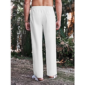 PASLTER Mens Linen Cotton Pants Casual Loose Fit Straight-Leg Lightweight Elastic Waist Beach Yoga Lounge Trousers for Men White