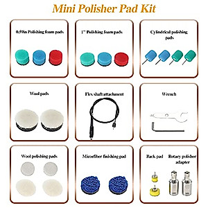 AuInLand Mini Buffing Polishing Pads, 31PCS Mini Detail Polisher Pads Used on Rotary Tools, Mini Polisher Tool for Detailing Polishing Waxing in Tight Area, with One Flexible Shaft Attachment