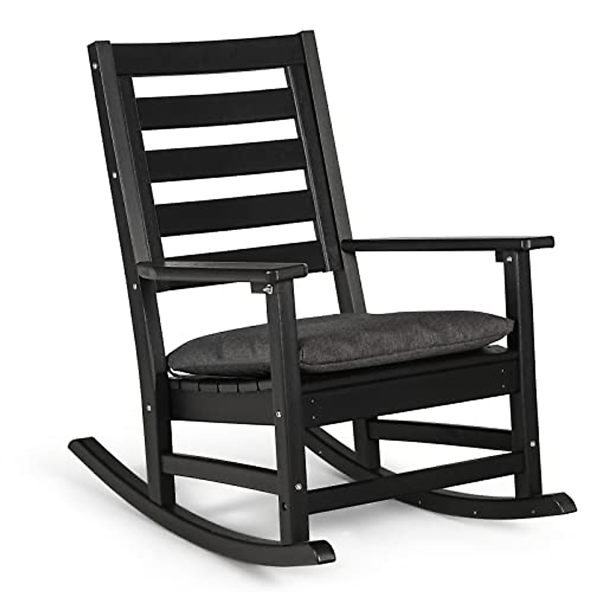 HOPUBUY Outdoor Rocking Chair with Cushion, HDPE Patio Rocking Chair, All Weather Resistant Rocker Chair for Porch Garden Yard Living Room,Black